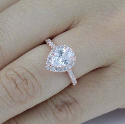 PVN Jewels Pear Shaped Created Morganite CZ Halo Engagement Promise Ring 14K Rose Gold Plated 925 Silver 9