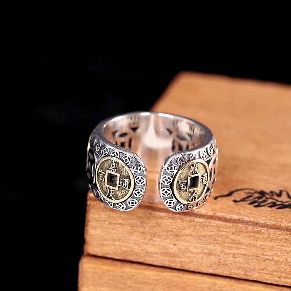 JUNTEN Feng Shui Coin Rings 925 Sterling Silver Lucky Wealth Money Ring Band for Men Women for Attracting Fortune Success