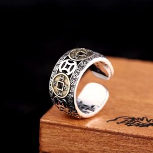 JUNTEN Feng Shui Coin Rings 925 Sterling Silver Lucky Wealth Money Ring Band for Men Women for Attracting Fortune Success