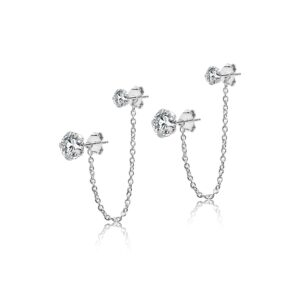 pinari chain earrings double piercing with detachable chain - 2 cubic zirconia studs 6mm & 4mm- 925 sterling silver drop dangle earrings - gift box included