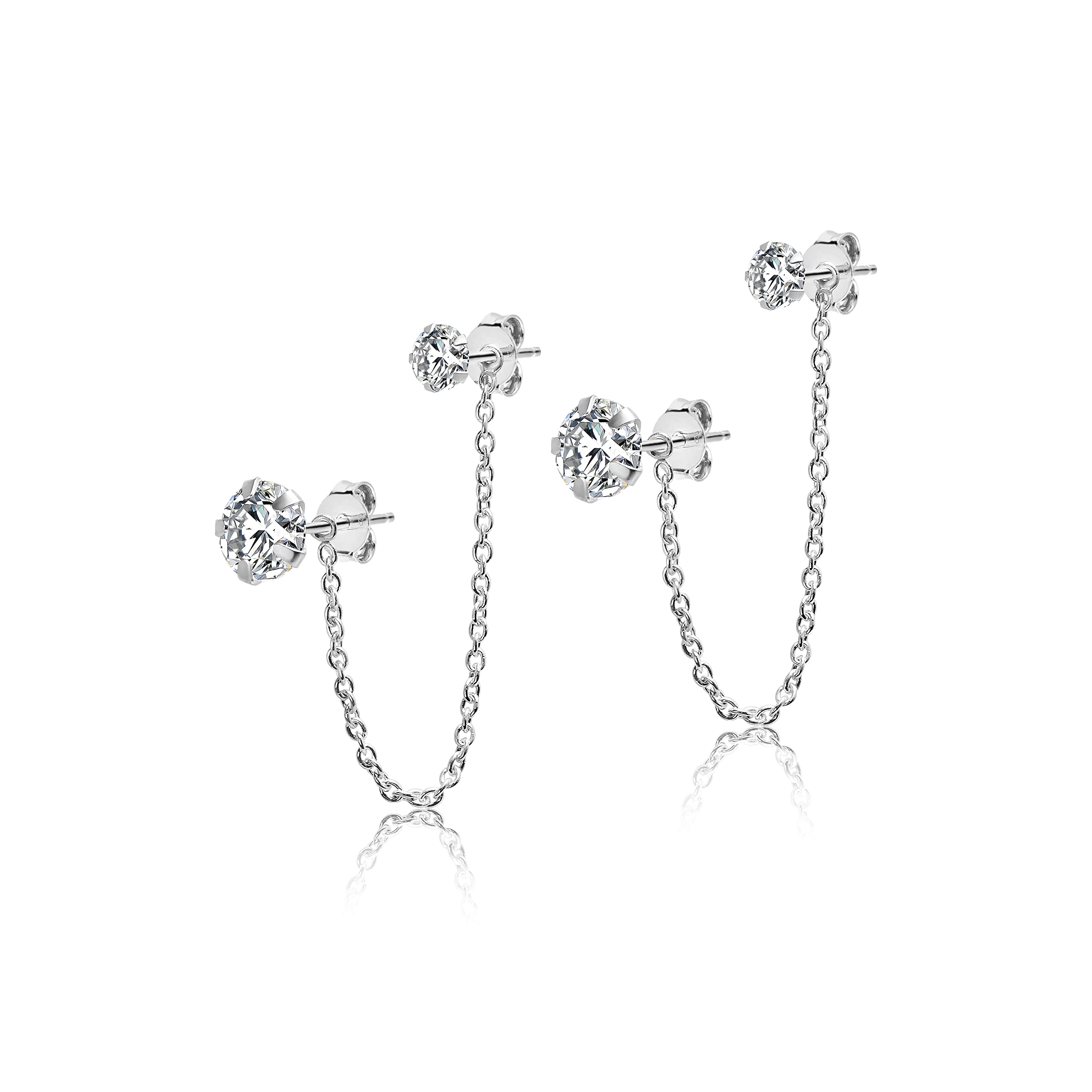 Pinari Chain Earrings Double Piercing with Detachable Chain - 2 Cubic Zirconia Studs 6mm & 4mm- 925 Sterling Silver Drop Dangle Earrings - Gift Box Included