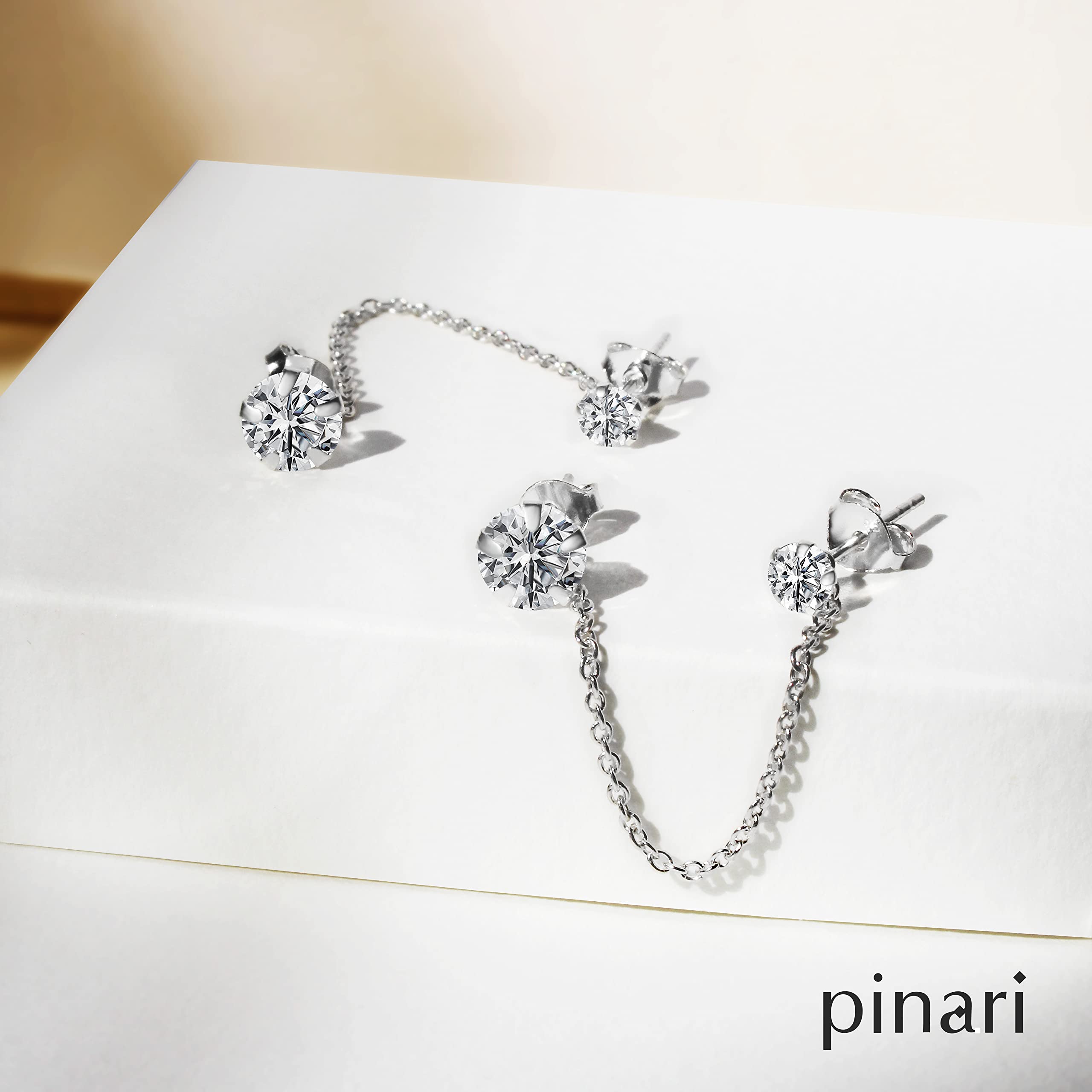 Pinari Chain Earrings Double Piercing with Detachable Chain - 2 Cubic Zirconia Studs 6mm & 4mm- 925 Sterling Silver Drop Dangle Earrings - Gift Box Included