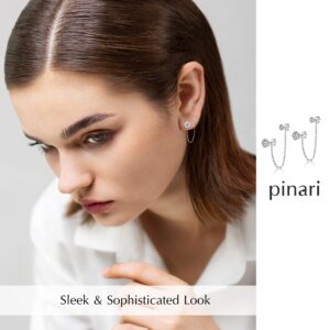 Pinari Chain Earrings Double Piercing with Detachable Chain - 2 Cubic Zirconia Studs 6mm & 4mm- 925 Sterling Silver Drop Dangle Earrings - Gift Box Included