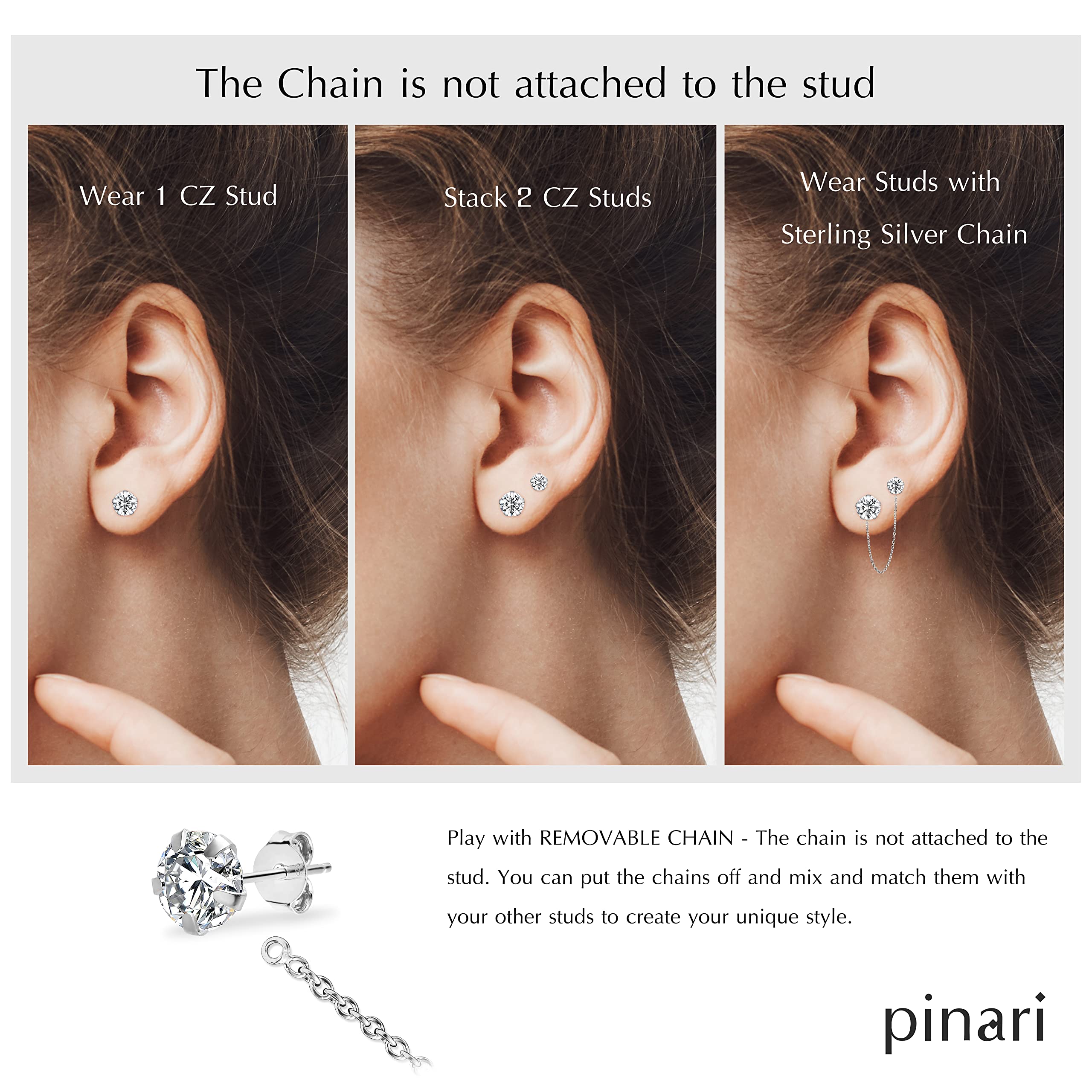 Pinari Chain Earrings Double Piercing with Detachable Chain - 2 Cubic Zirconia Studs 6mm & 4mm- 925 Sterling Silver Drop Dangle Earrings - Gift Box Included