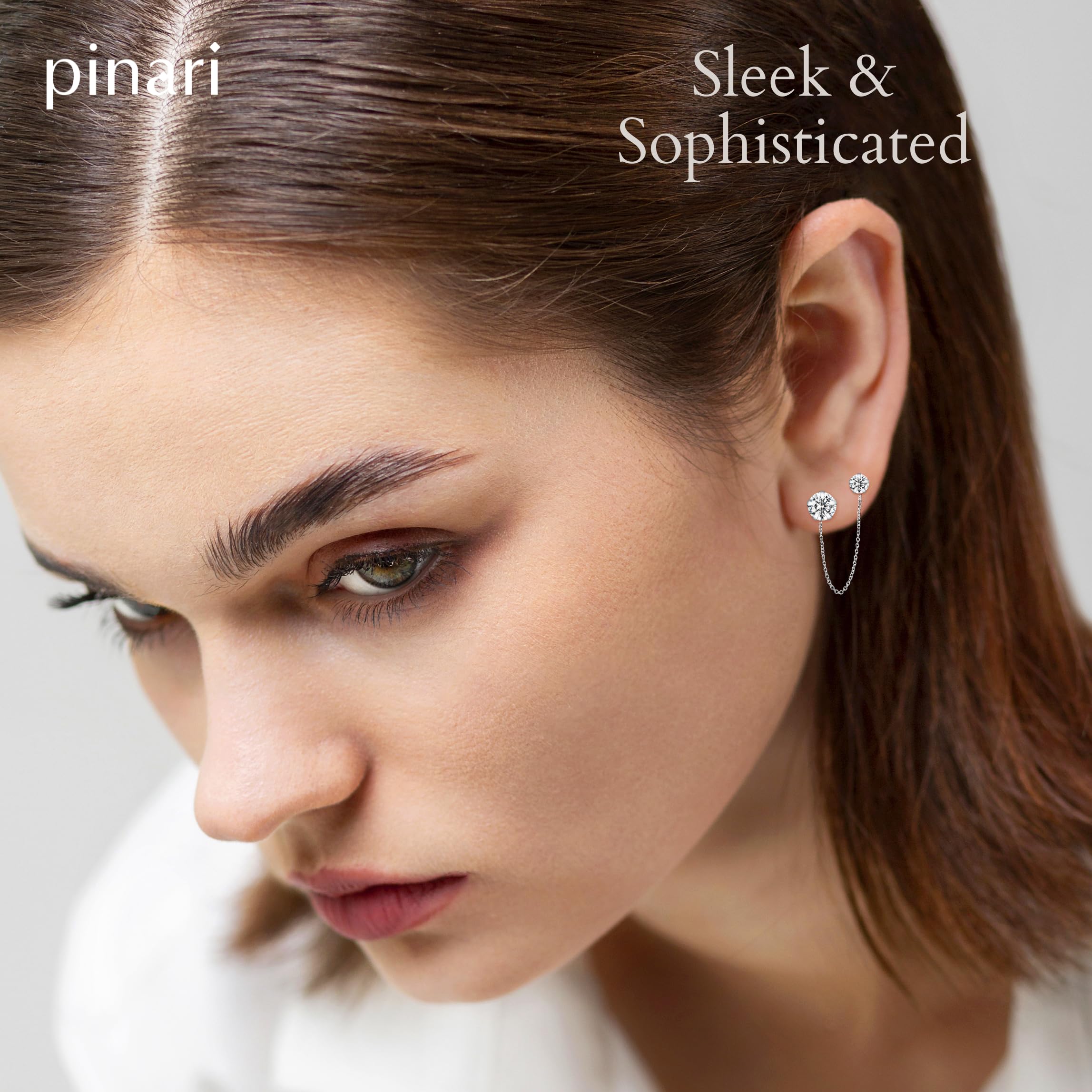 Pinari Chain Earrings Double Piercing with Detachable Chain - 2 Cubic Zirconia Studs 6mm & 4mm- 925 Sterling Silver Drop Dangle Earrings - Gift Box Included