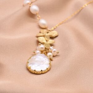 18K Gold Baroque Pearl Necklace For Women Dainty Simple Leaf Pendant Natural Real Freshwater Pearl Jewelry Wedding Charm Mother Birthday Gifts Bridesmaid Hanging Jewelry (Baroque)