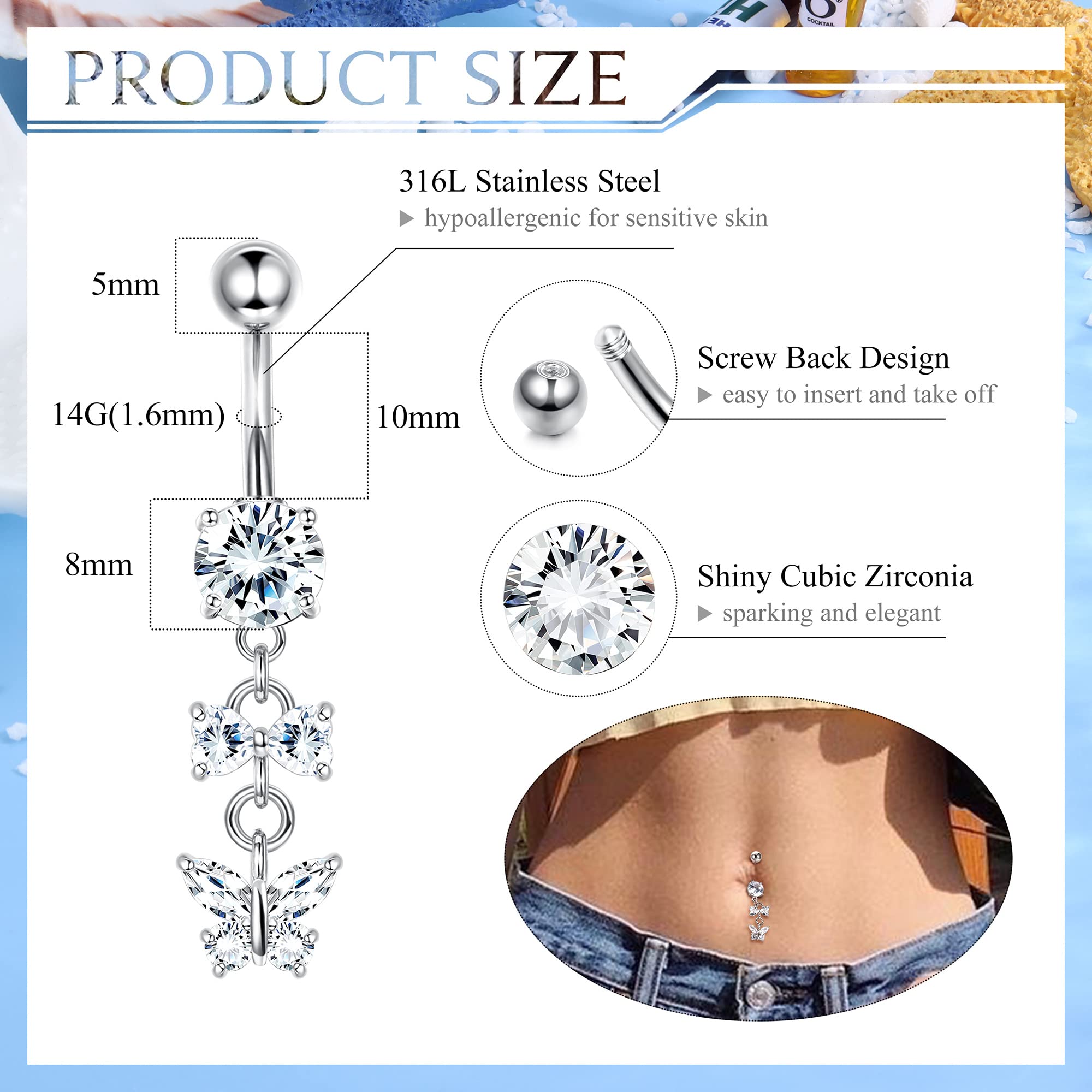 JOERICA 8PCS 14G Belly Button Ring for Women Stainless Steel Dangle Belly Button Rings Navel Rings Barbell Sexy Heart Snake Belly Button Rings Dangle CZ Body Piercing Jewelry Silver Rose Gold Tone