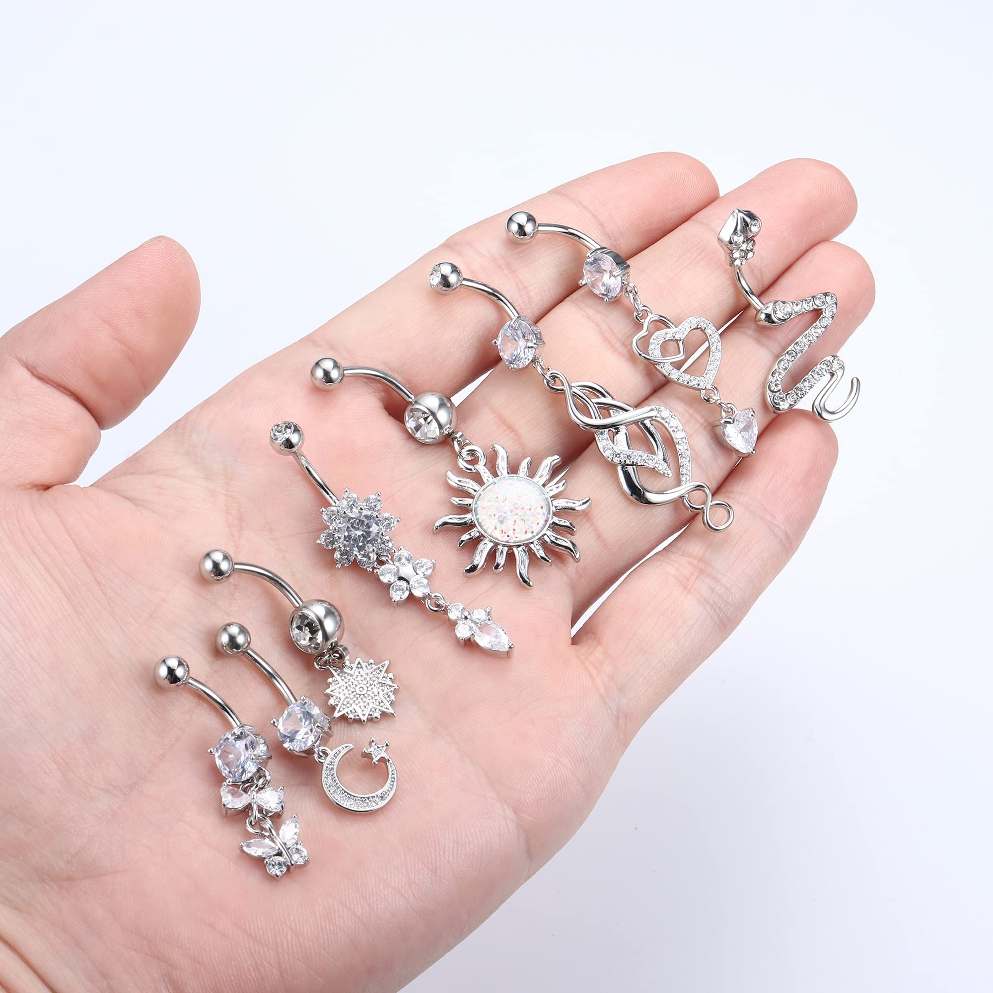 JOERICA 8PCS 14G Belly Button Ring for Women Stainless Steel Dangle Belly Button Rings Navel Rings Barbell Sexy Heart Snake Belly Button Rings Dangle CZ Body Piercing Jewelry Silver Rose Gold Tone