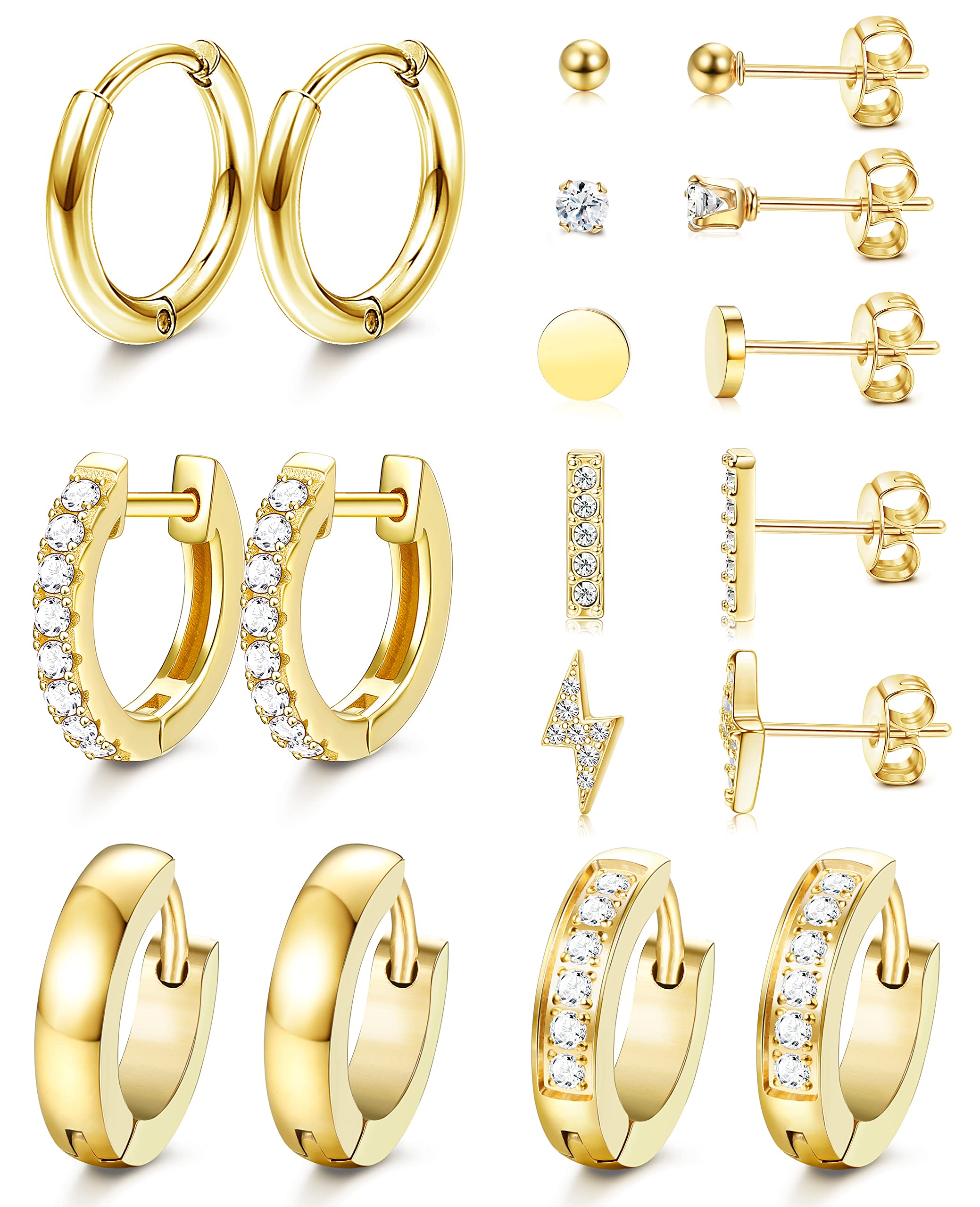 FASACCO Stud Huggies Earring Sets for Multiple Piercing Small Huggie Hoop Earrings Mini Gold Earrings Set