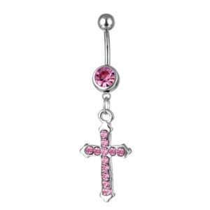 mifynn crystal cross belly button ring for women rhinestone cross pendant stainless steel belly button ring body piercing jewelry (pink)