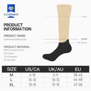 Closemate Mens Sport Ankle Socks 6 Pairs Low Cut Cotton Cushioned Tab Non-Slip Breathable Athletic Running Socks (6Black, Size L)