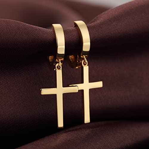 Gold Cross Earrings Men Cross Hoop Earrings Mens Cross Earrings Gold Cross Dangle Earrings for Women Mens Hoop Cross Earrings Gold Drop Cross Earrings Hypoallergenic Cross Earring 925 Silver