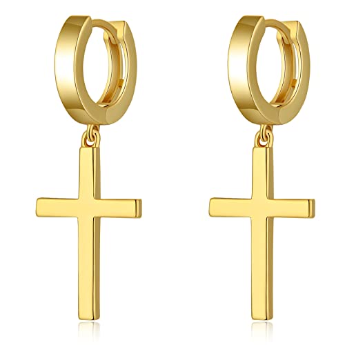 Gold Cross Earrings Men Cross Hoop Earrings Mens Cross Earrings Gold Cross Dangle Earrings for Women Mens Hoop Cross Earrings Gold Drop Cross Earrings Hypoallergenic Cross Earring 925 Silver