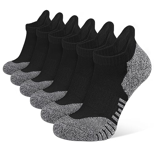 Closemate Mens Sport Ankle Socks 6 Pairs Low Cut Cotton Cushioned Tab Non-Slip Breathable Athletic Running Socks (6Black, Size L)