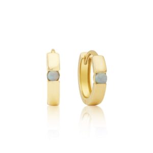 max + stone 14k yellow gold round created opal small huggie hoop earrings for women with channel set and 2.5mm october birthstone