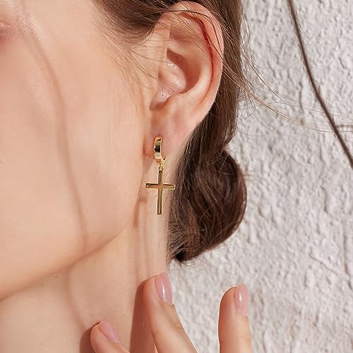 Gold Cross Earrings Men Cross Hoop Earrings Mens Cross Earrings Gold Cross Dangle Earrings for Women Mens Hoop Cross Earrings Gold Drop Cross Earrings Hypoallergenic Cross Earring 925 Silver