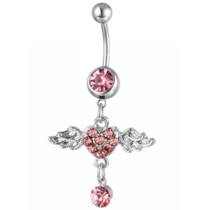 mifynn angel wings belly button rings crystal angel wings belly button piercing nails dumbbell stainless steel belly button rings body piercing jewelry for women (pink)