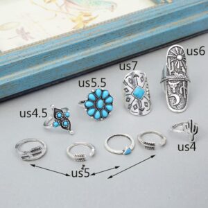 Octwine 9 Pcs Bohemian Knuckle Silver Rings Set Turquoise Finger Ring Flower Midi Vintage Rings Punk Leaf Index Ring for Women and Girls