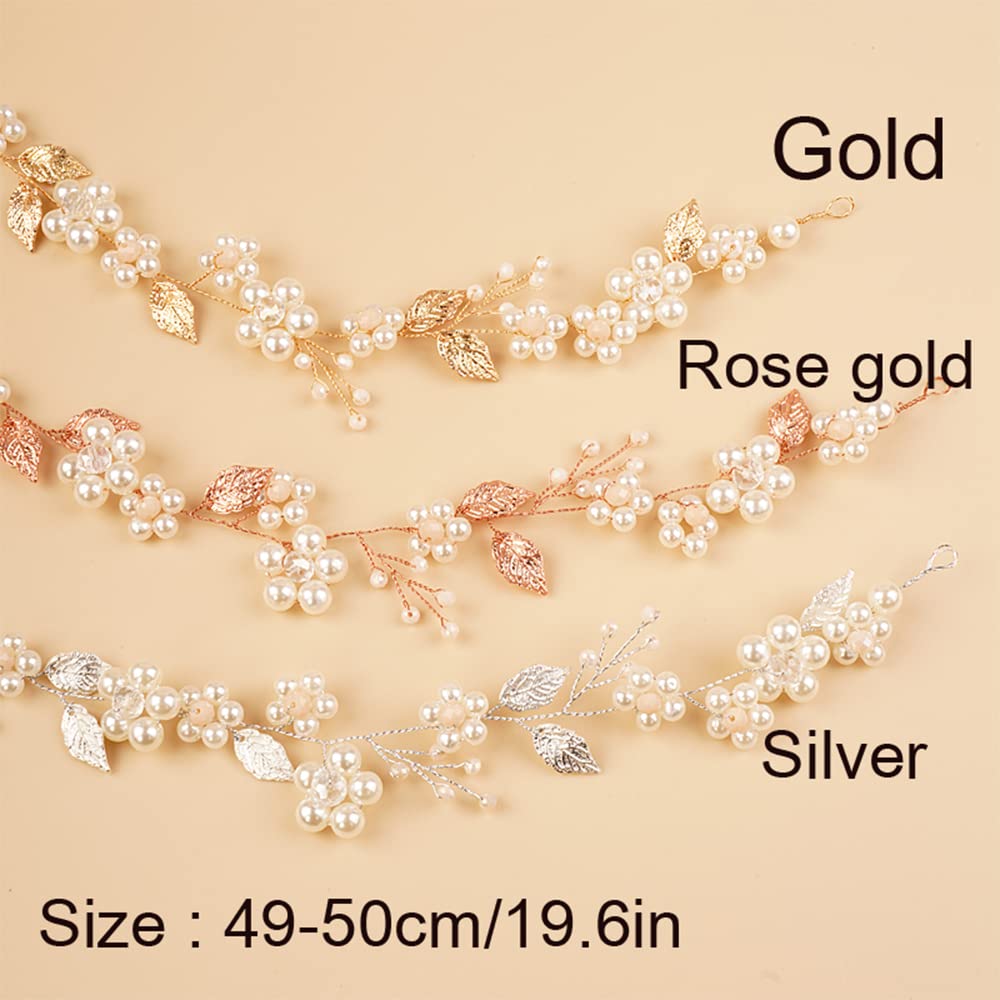 Kercisbeauty Pearl Beads Gold Hair Vine Wedding Hair Piece for Brides Brides Handmade Headband for Women Girls Prom Special Occasion (Gold)