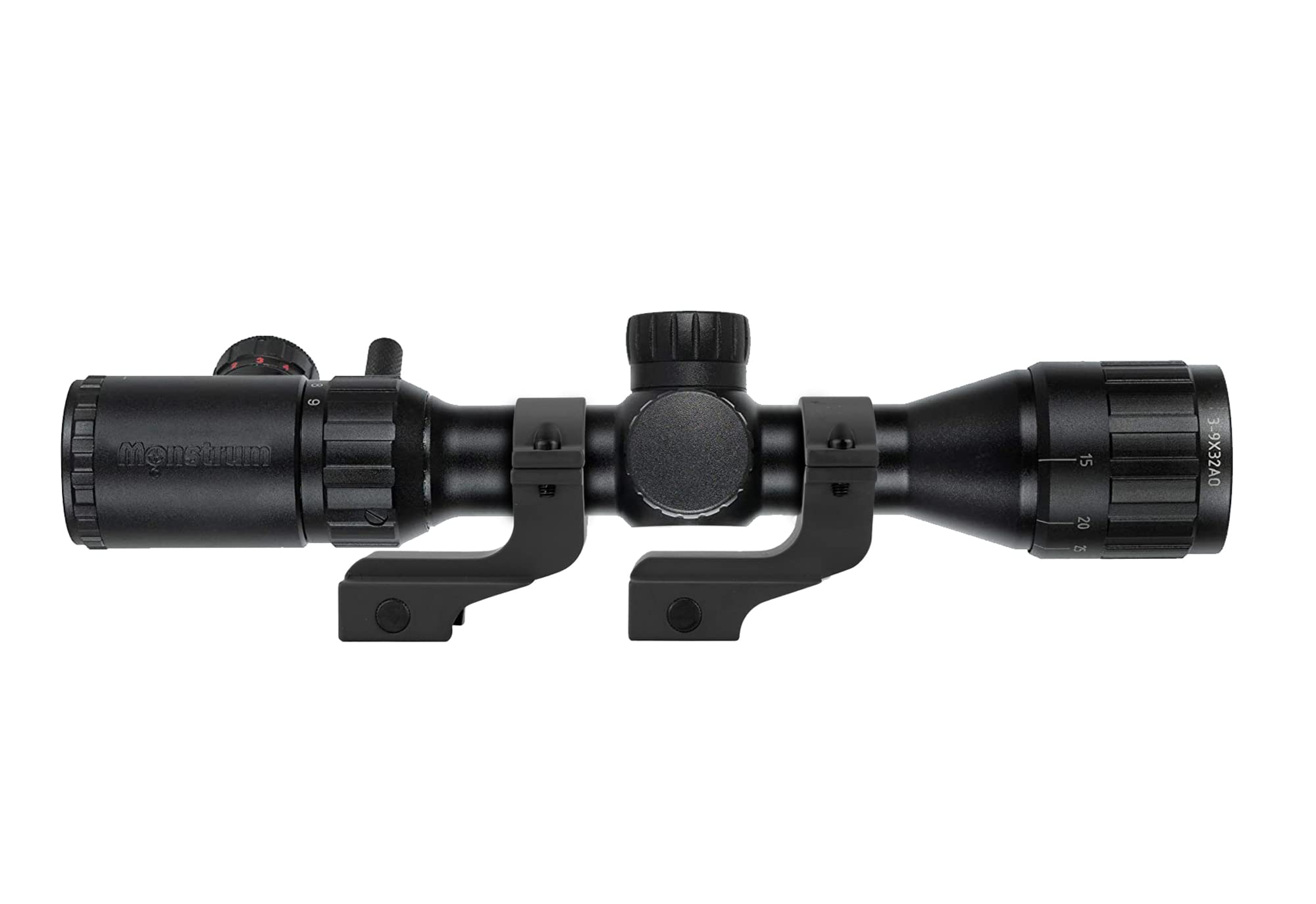 Monstrum 3-9x32 AO Rifle Scope with Illuminated Range Finder Reticle and Parallax Adjustment | Offset Cantilever Scope Rings | Bundle