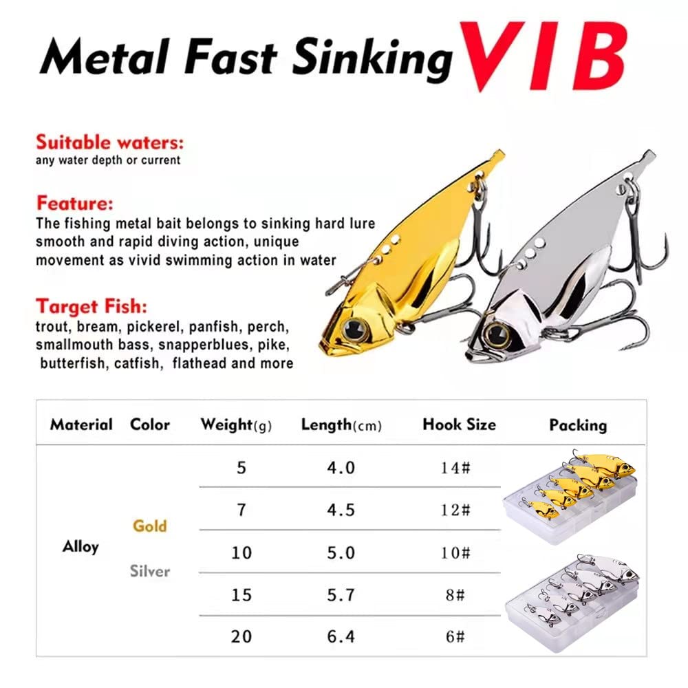 5 Pack Metal Blade Baits for Bass Fishing Lures Hard Metal VIB Fishing Spoons Crankbaits Swimbaits for Trout Walleye Crappie Saltwater Blade Bait Fishing (Gold Blade Baits_5pcs/Box)