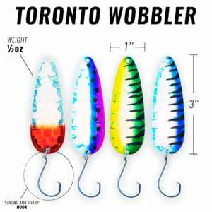 ETIC Toronto Wobbler 3", 1/2oz Fishing Spoons Kit 100% Made of Brass, 4 pcs Fishing Lures, Tackle, Hooks, Baits, Spinning, Casting, Trolling for Trout, Salmon, Pike, Walleye, Bass and Mores