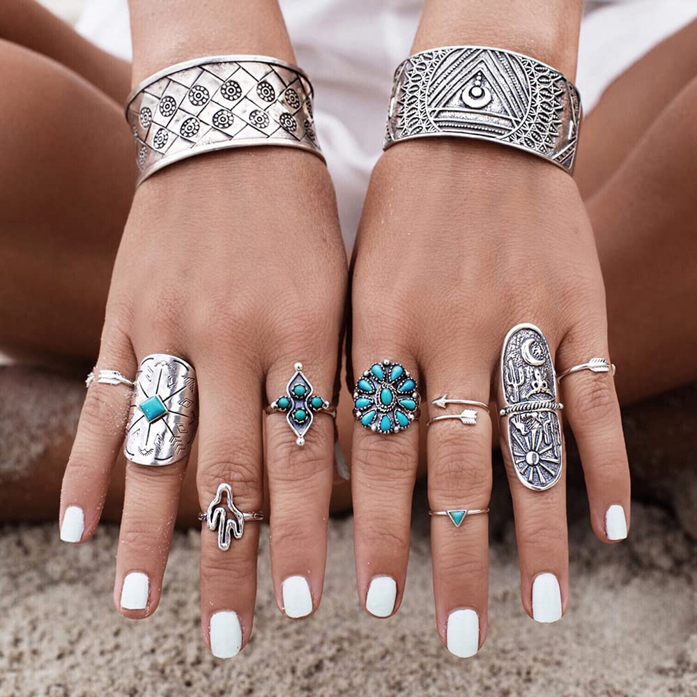 Octwine 9 Pcs Bohemian Knuckle Silver Rings Set Turquoise Finger Ring Flower Midi Vintage Rings Punk Leaf Index Ring for Women and Girls