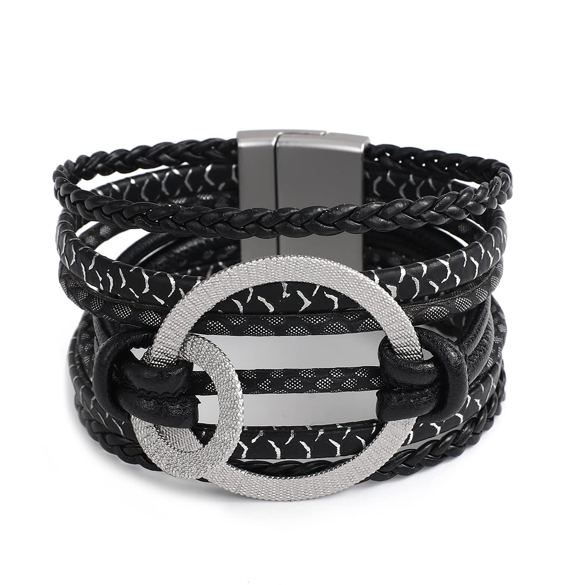 hotoo Leather Wrap Bracelet for Women Black Boho Leather Bracelet Silver Metal Circle Cuff Bracelets Layered Handmade Braided Bangle Bracelets for Women Bohemian Jewelry with Buckle