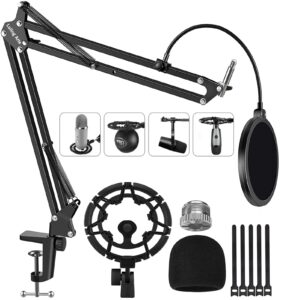 blue yeti boom arm,adjustable suspension microphone mic stand with shock mount 3/8'' to 5/8'' screw adapter pop filter for live streaming, podcasting, gaming, recording.