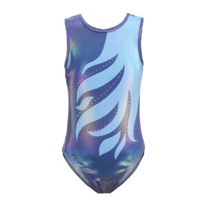 ukyzddio girls gymnastics leotards shiny beads flame swirl dance ballet one-piece bodysuit outfit blue size 8