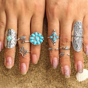 octwine 9 pcs bohemian knuckle silver rings set turquoise finger ring flower midi vintage rings punk leaf index ring for women and girls