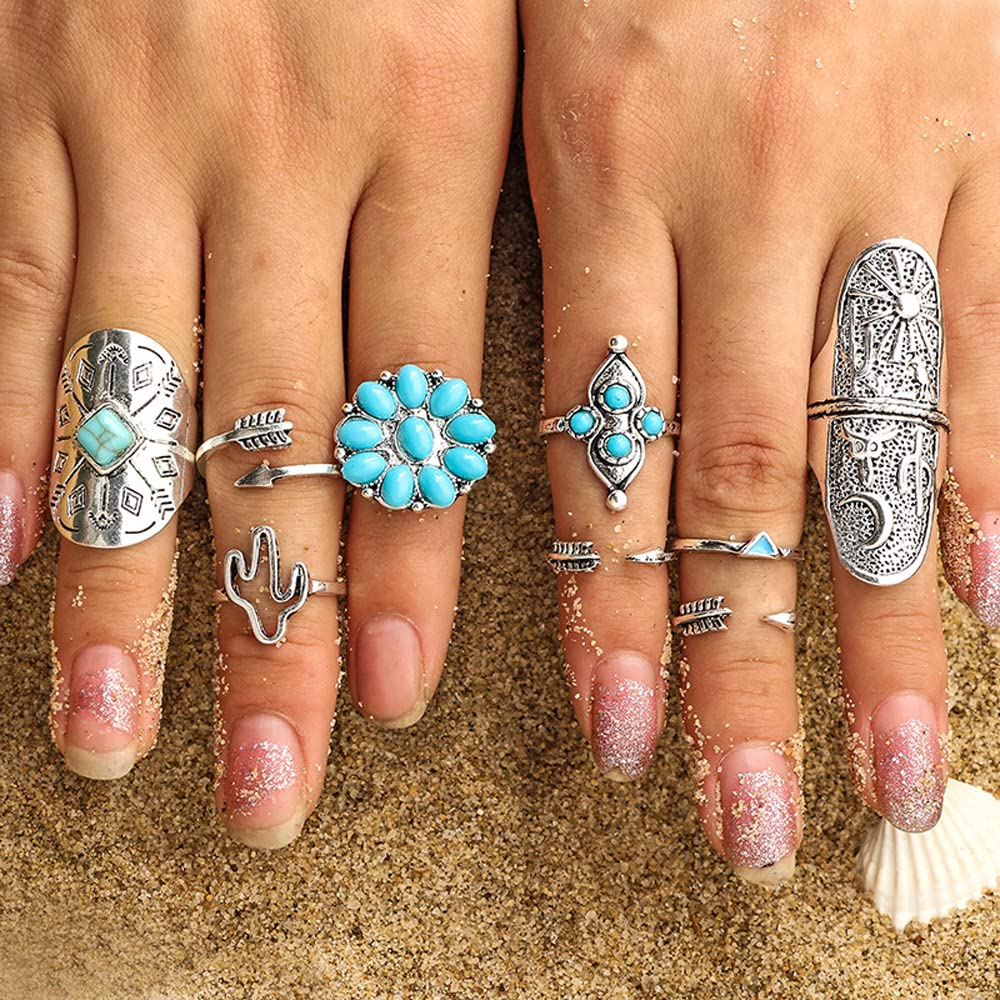 Octwine 9 Pcs Bohemian Knuckle Silver Rings Set Turquoise Finger Ring Flower Midi Vintage Rings Punk Leaf Index Ring for Women and Girls