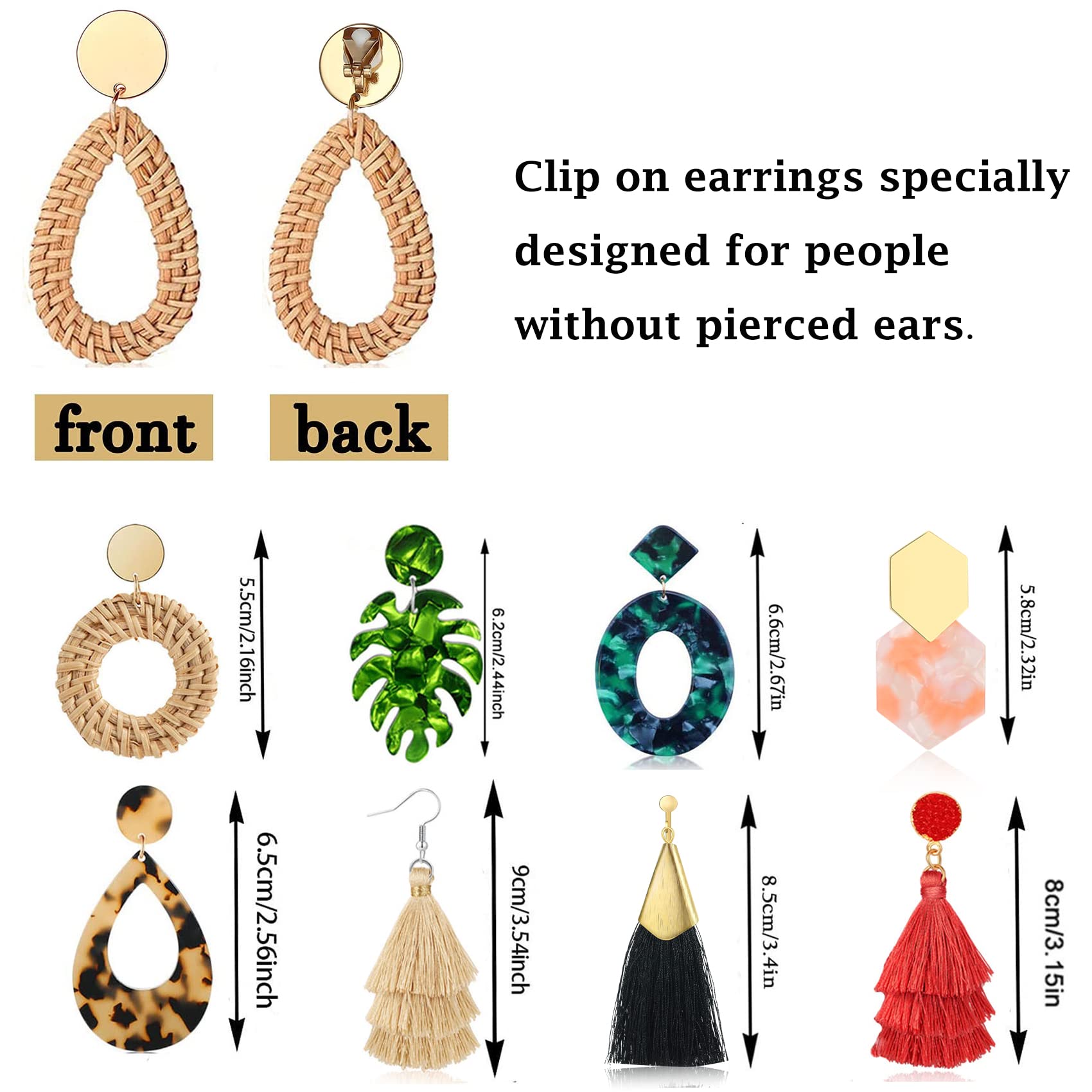 Honsny 12 Pairs Clip on Earrings for Women Fashion Rattan Tassel Earrings Set Bohemian Acrylic Gold Statement Non Piercing Drop Dangle Exaggerated Earrings for Women