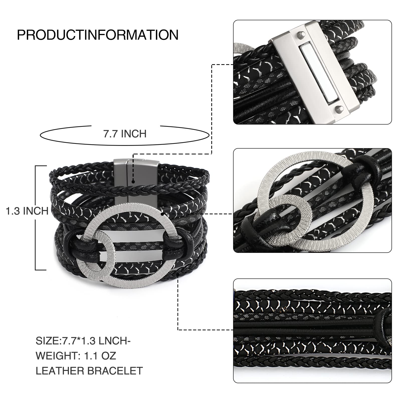 hotoo Leather Wrap Bracelet for Women Black Boho Leather Bracelet Silver Metal Circle Cuff Bracelets Layered Handmade Braided Bangle Bracelets for Women Bohemian Jewelry with Buckle