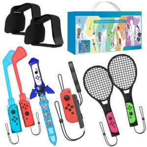 ermorgen switch sports accessories bundle, 9 in 1 kit for switch & switch oled, joycon grip for sport game, leg straps & wrist strap, tennis badminton rackets, golf club and sword controller