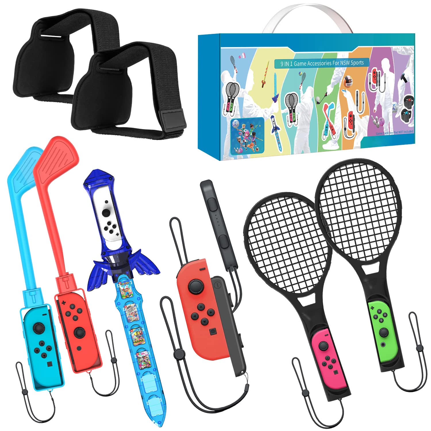 Ermorgen Switch Sports Accessories Bundle, 9 in 1 Kit for Switch & Switch OLED, Joycon Grip for Sport Game, Leg Straps & Wrist Strap, Tennis Badminton Rackets, Golf Club and Sword Controller