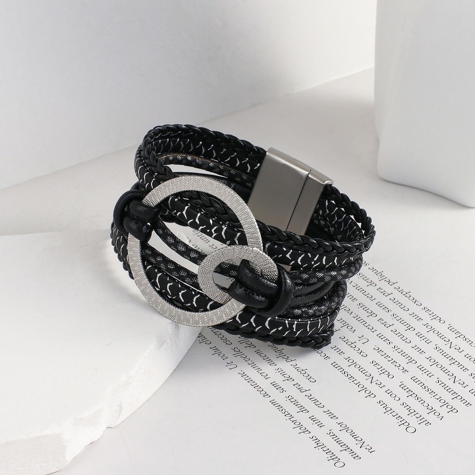 hotoo Leather Wrap Bracelet for Women Black Boho Leather Bracelet Silver Metal Circle Cuff Bracelets Layered Handmade Braided Bangle Bracelets for Women Bohemian Jewelry with Buckle