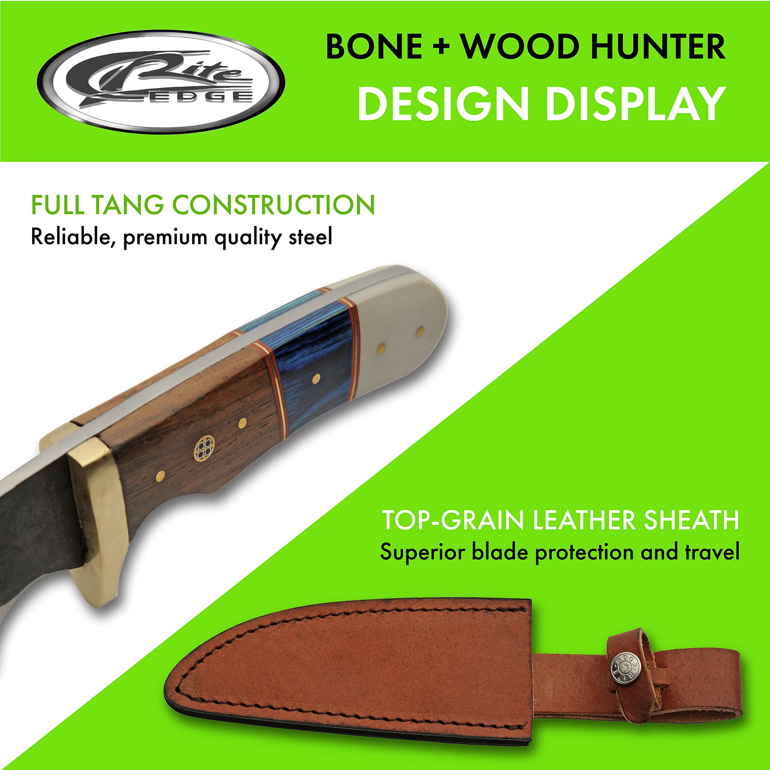 SZCO Supplies 10.5” Bone/Wood Handled Full Tang Outdoor Hunting Knife With Leather Sheath