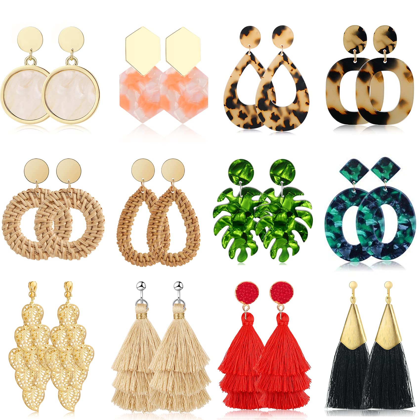 Honsny 12 Pairs Clip on Earrings for Women Fashion Rattan Tassel Earrings Set Bohemian Acrylic Gold Statement Non Piercing Drop Dangle Exaggerated Earrings for Women