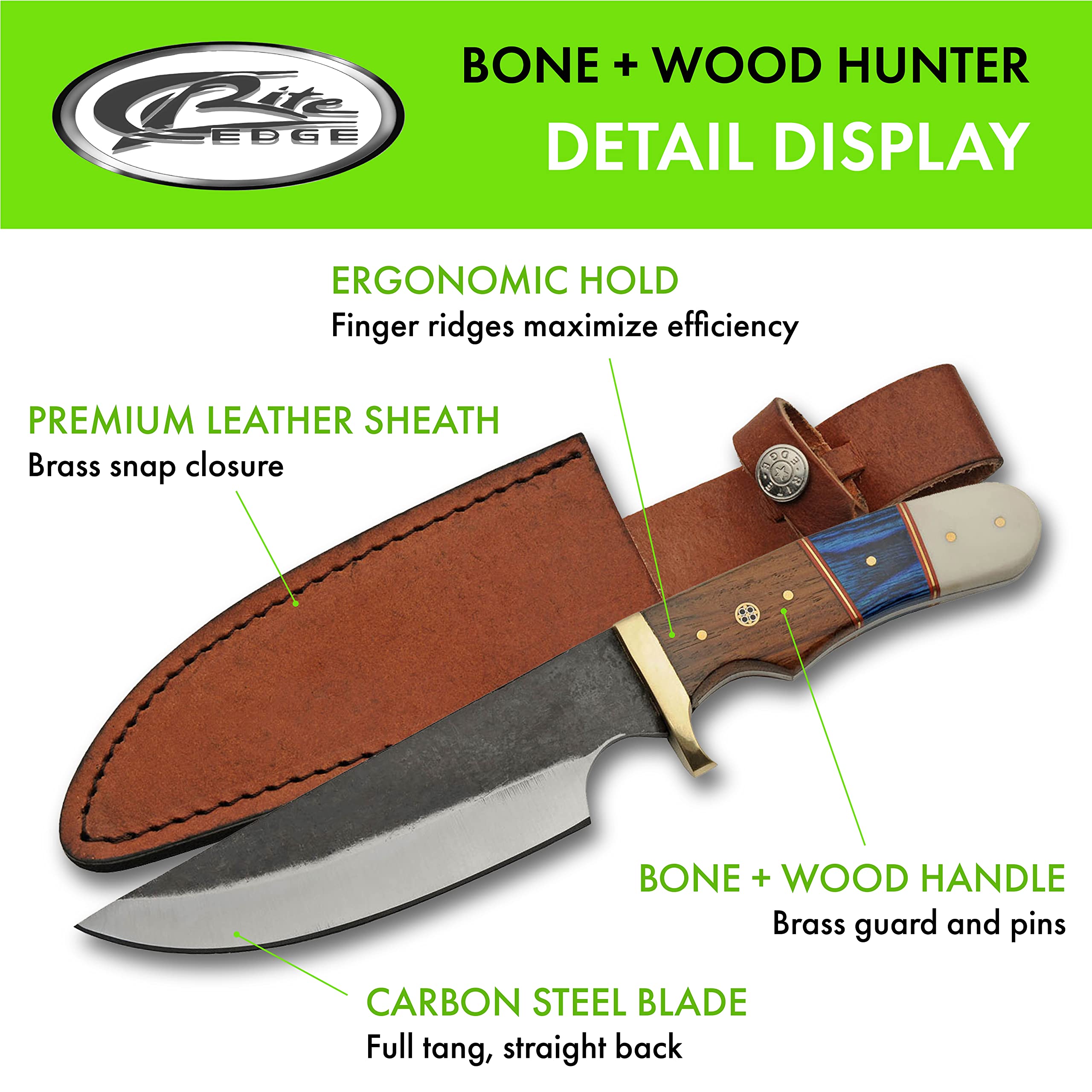 SZCO Supplies 10.5” Bone/Wood Handled Full Tang Outdoor Hunting Knife With Leather Sheath