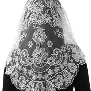 Bozidol Triangle Catholic Church Mantilla Veils for Religious Christian Floral Lace Scarf Shawl Veil with Hairclips (White)