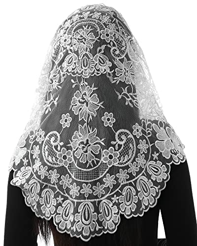 Bozidol Triangle Catholic Church Mantilla Veils for Religious Christian Floral Lace Scarf Shawl Veil with Hairclips (White)