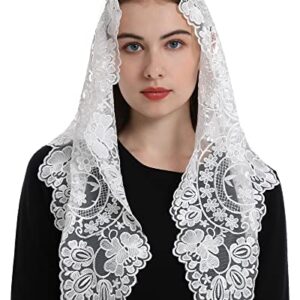 Bozidol Triangle Catholic Church Mantilla Veils for Religious Christian Floral Lace Scarf Shawl Veil with Hairclips (White)