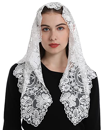 Bozidol Triangle Catholic Church Mantilla Veils for Religious Christian Floral Lace Scarf Shawl Veil with Hairclips (White)