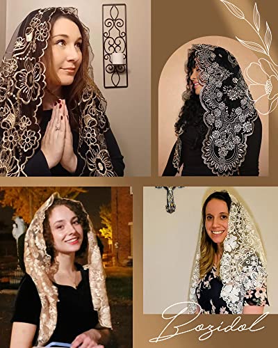 Bozidol Spanish Style Catholic Mass Mantillas Veil for Prayer Floral Orthodox Head Coverings Shawl Chapel Veils (Champagne)