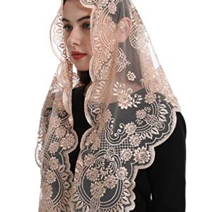 Bozidol Spanish Style Catholic Mass Mantillas Veil for Prayer Floral Orthodox Head Coverings Shawl Chapel Veils (Champagne)