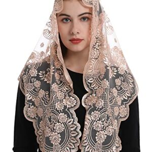 Bozidol Spanish Style Catholic Mass Mantillas Veil for Prayer Floral Orthodox Head Coverings Shawl Chapel Veils (Champagne)