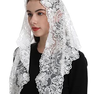 Bozidol Triangle Catholic Church Mantilla Veils for Religious Christian Floral Lace Scarf Shawl Veil with Hairclips (White)