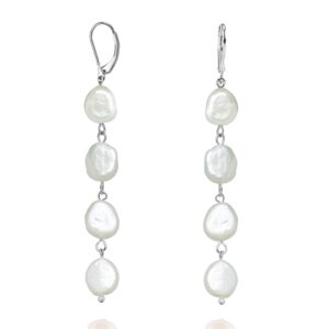 pearl dangle drop earrings for women, long white pearl with sterling silver post sensitive ears,gold plated 925 silver wedding earrings gift (silver long)