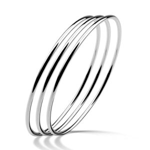 meilanduo 925 sterling silver 2mm high polished round circle bangle shiny minimalist bangle bracelet for women (3pcs, 68mm for large wrists)